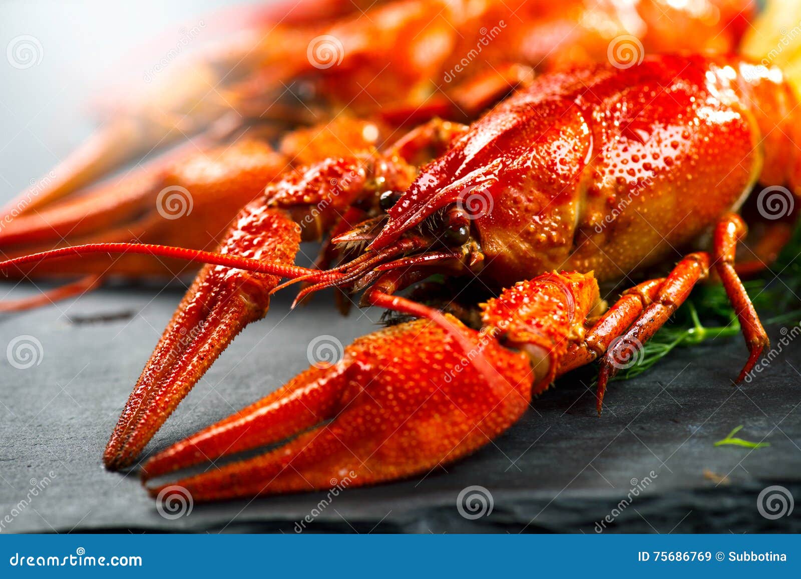 Red Boiled Crayfish on Stone Slate. Crawfish Closeup Stock Image ...