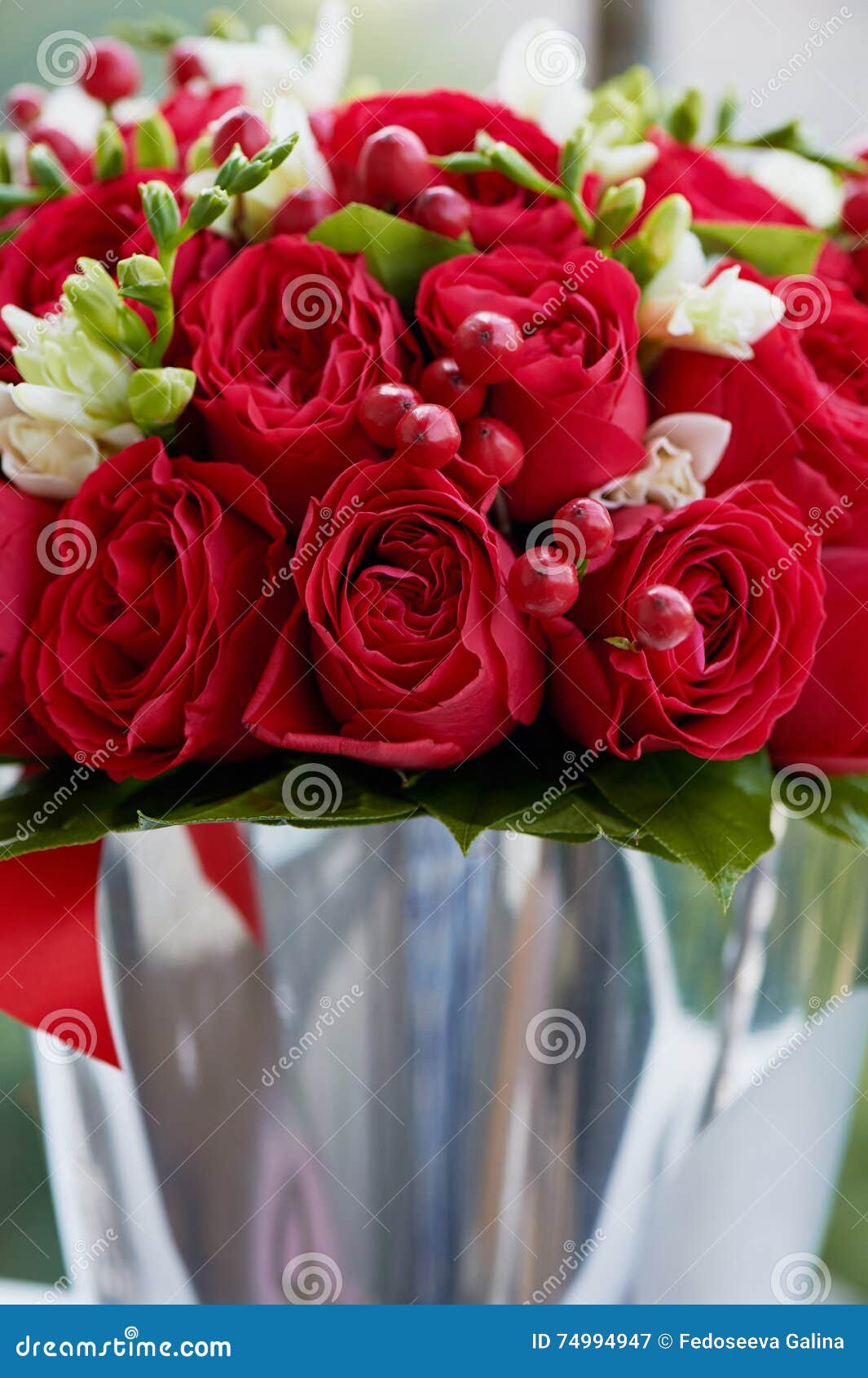 Red Bouquet of Roses and Berries, Glittering in the Bucket Stock Image ...