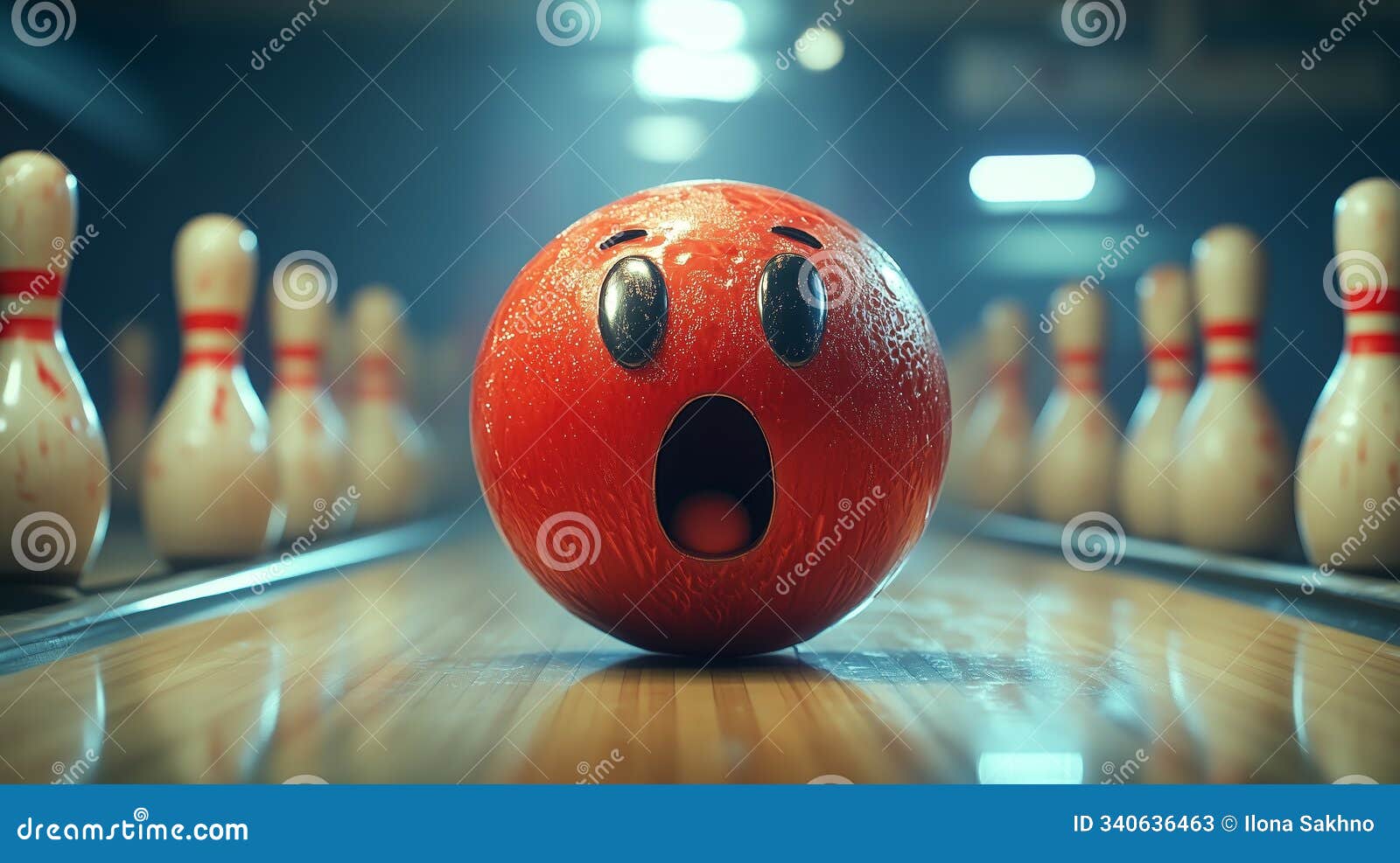 Red Bowling Ball with a Shocked Face Expression Surrounded by Pins ...