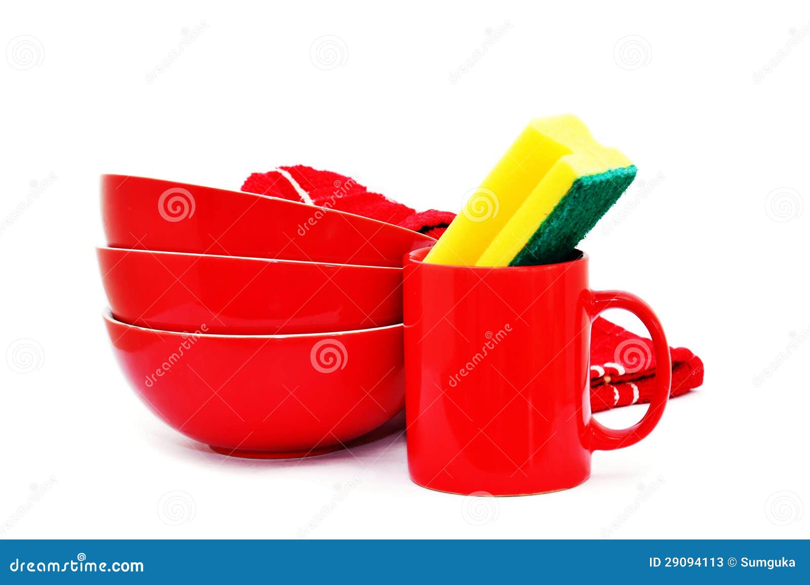 Red Bowls, Mug, Towel and Sponge Stock Image - Image of background ...
