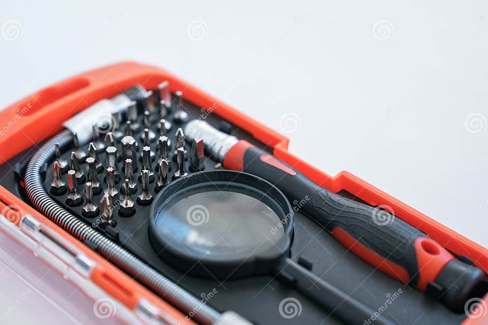 Red Box for a Screwdriver with a Set of Bits for Accurate Work with a ...