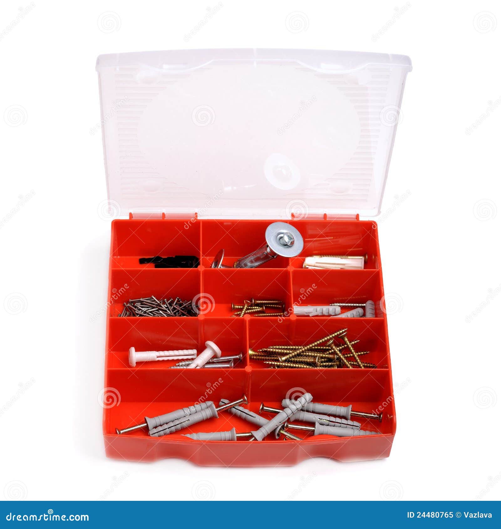 Red Box of Screws and Wall Fixings Stock Image - Image of perspective ...
