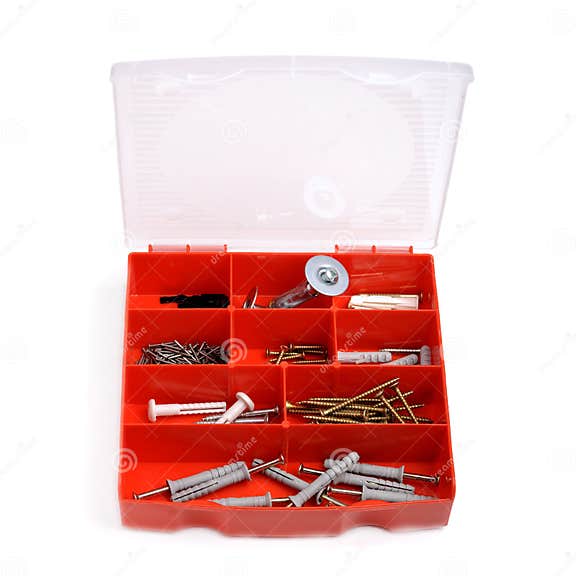 Red Box of Screws and Wall Fixings Stock Image - Image of perspective ...