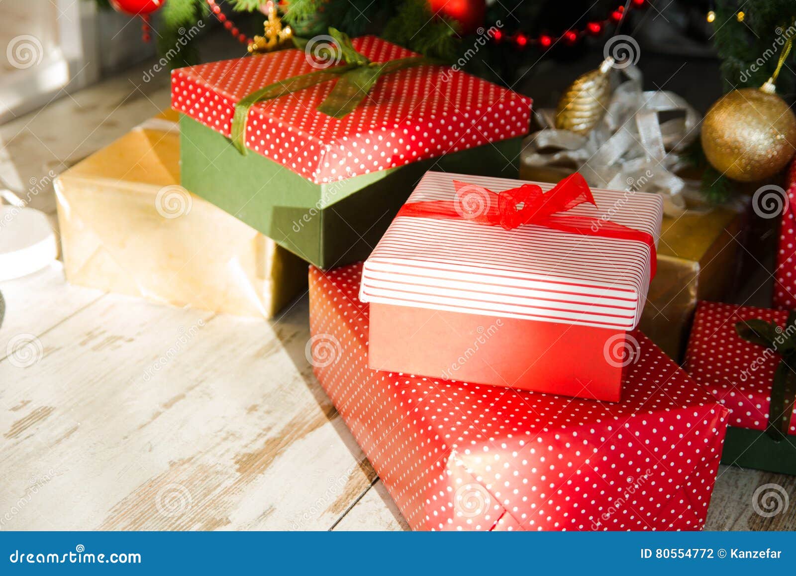 Red Boxes Packed with Christmas Gifts Stock Photo - Image of family ...