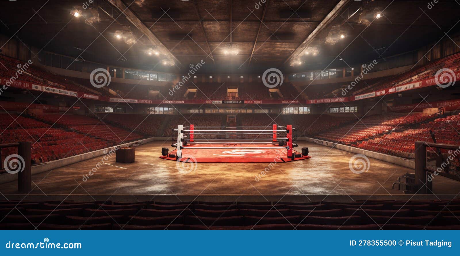 Red Boxing Ring in an Empty Arena with AI Generated. Stock Illustration ...