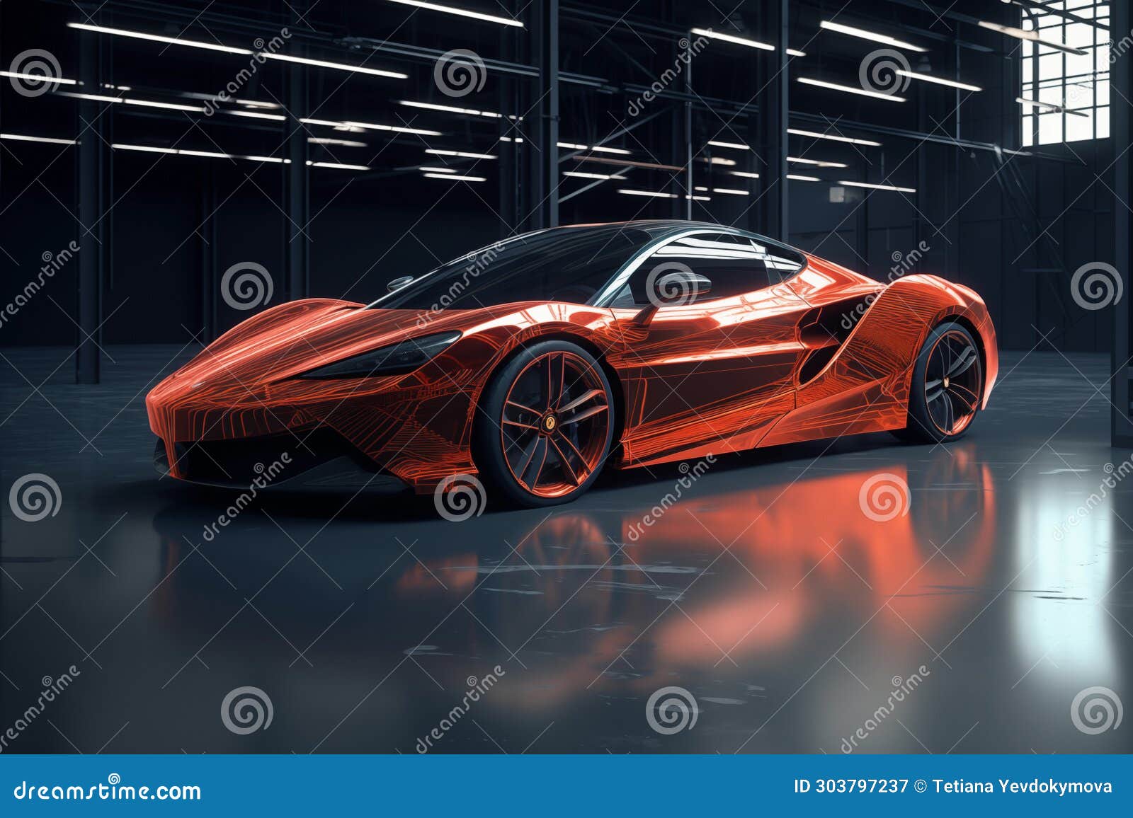 Red Brand-less Generic Concept Car in a Warehouse, Side View. Hyper ...