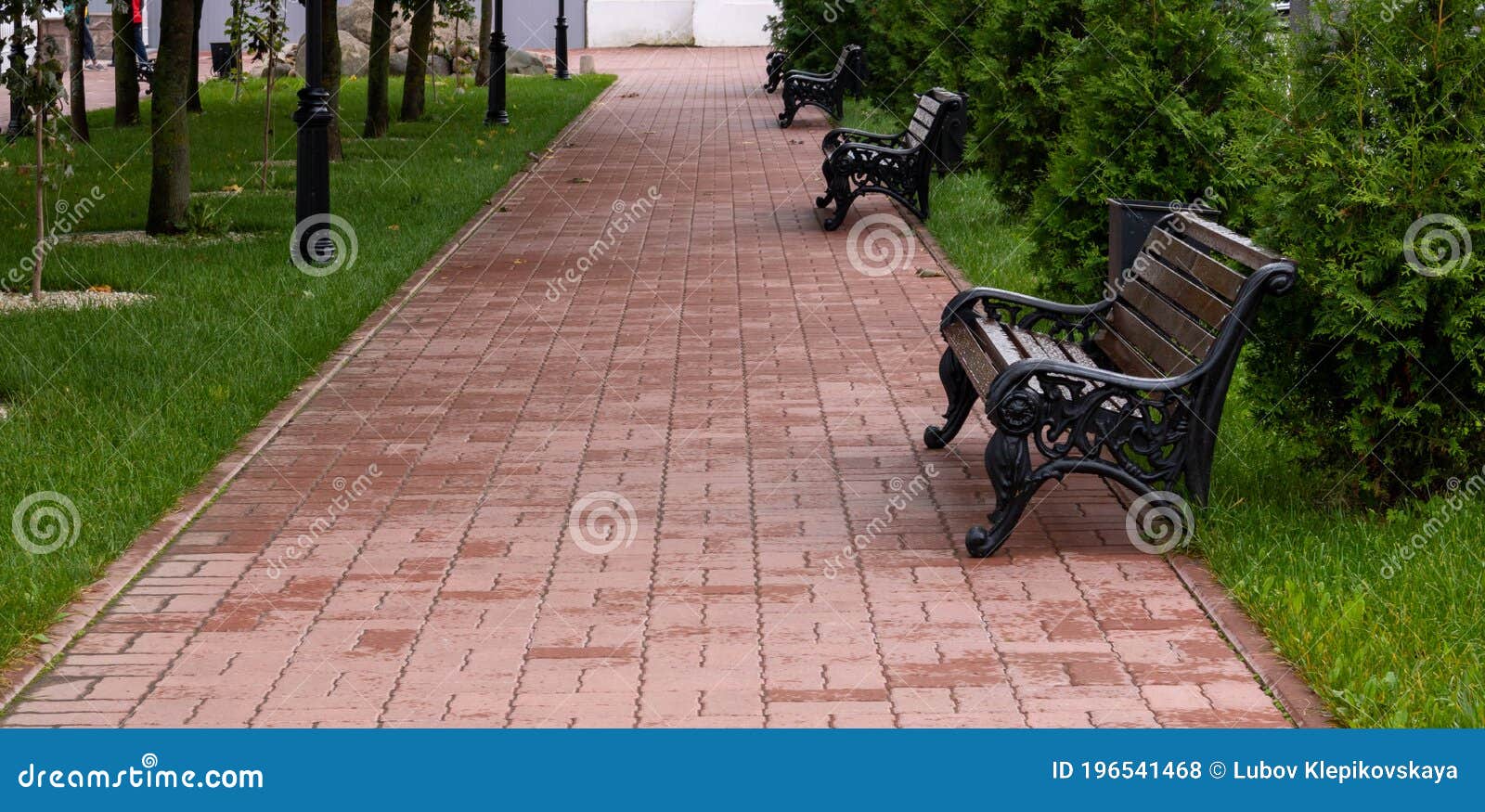 Red Brick Alley with Brown Benches. Autumn Stock Photo - Image of ...