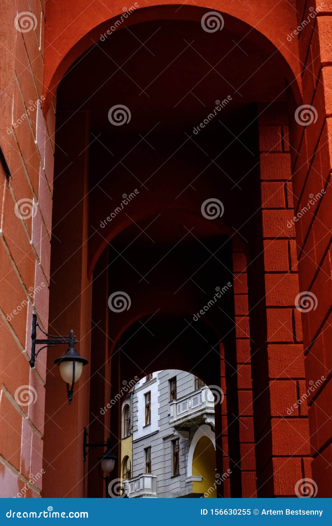 Red Brick Arch with a Lantern. Modern Architecture Stock Image - Image ...