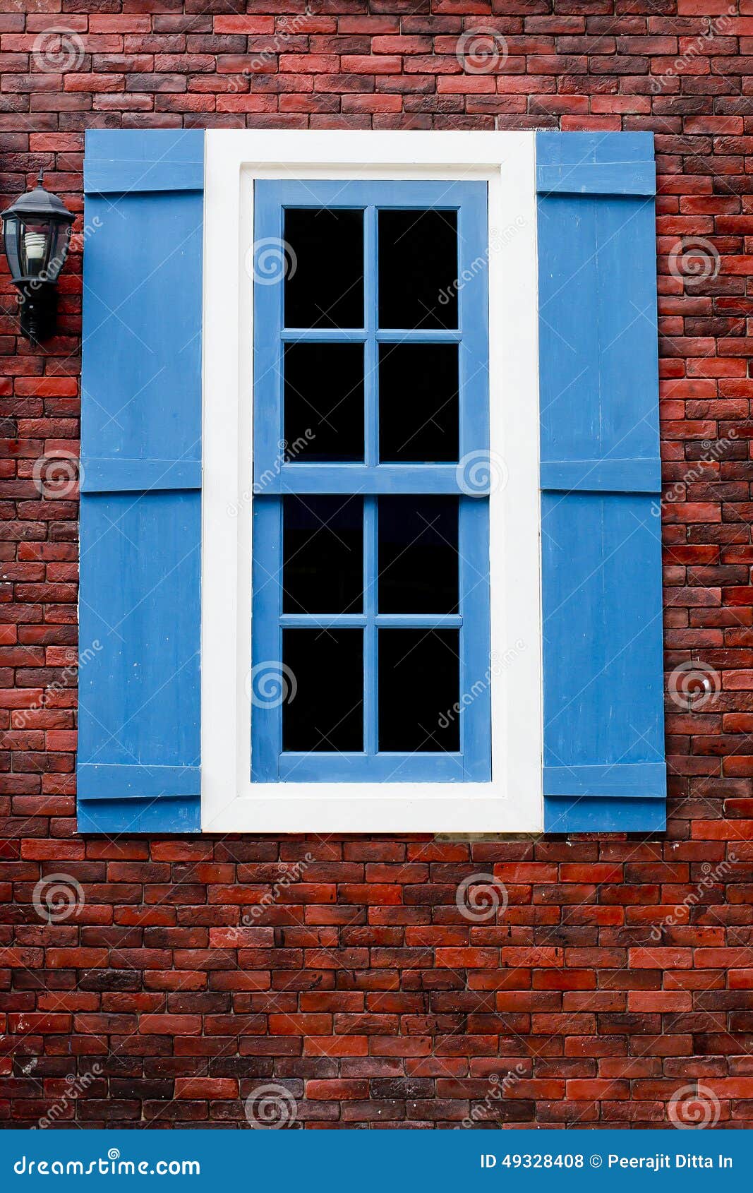 Red Brick with Blue and White Window Stock Photo - Image of dark ...