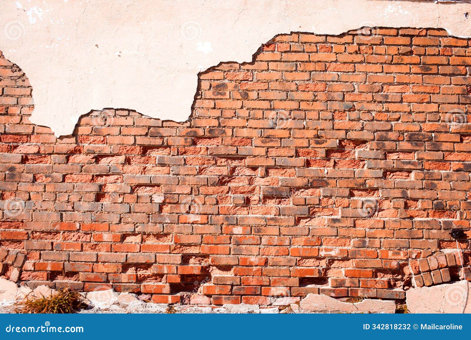Red Brick Chipped Broken Texture Wall with Missing Plaster Background Stock Photo - Image of ...
