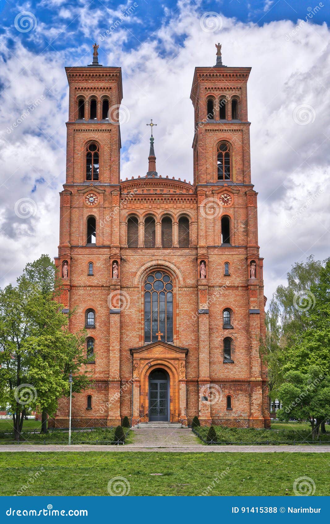 Red brick church in spring stock photo. Image of symmetry - 91415388