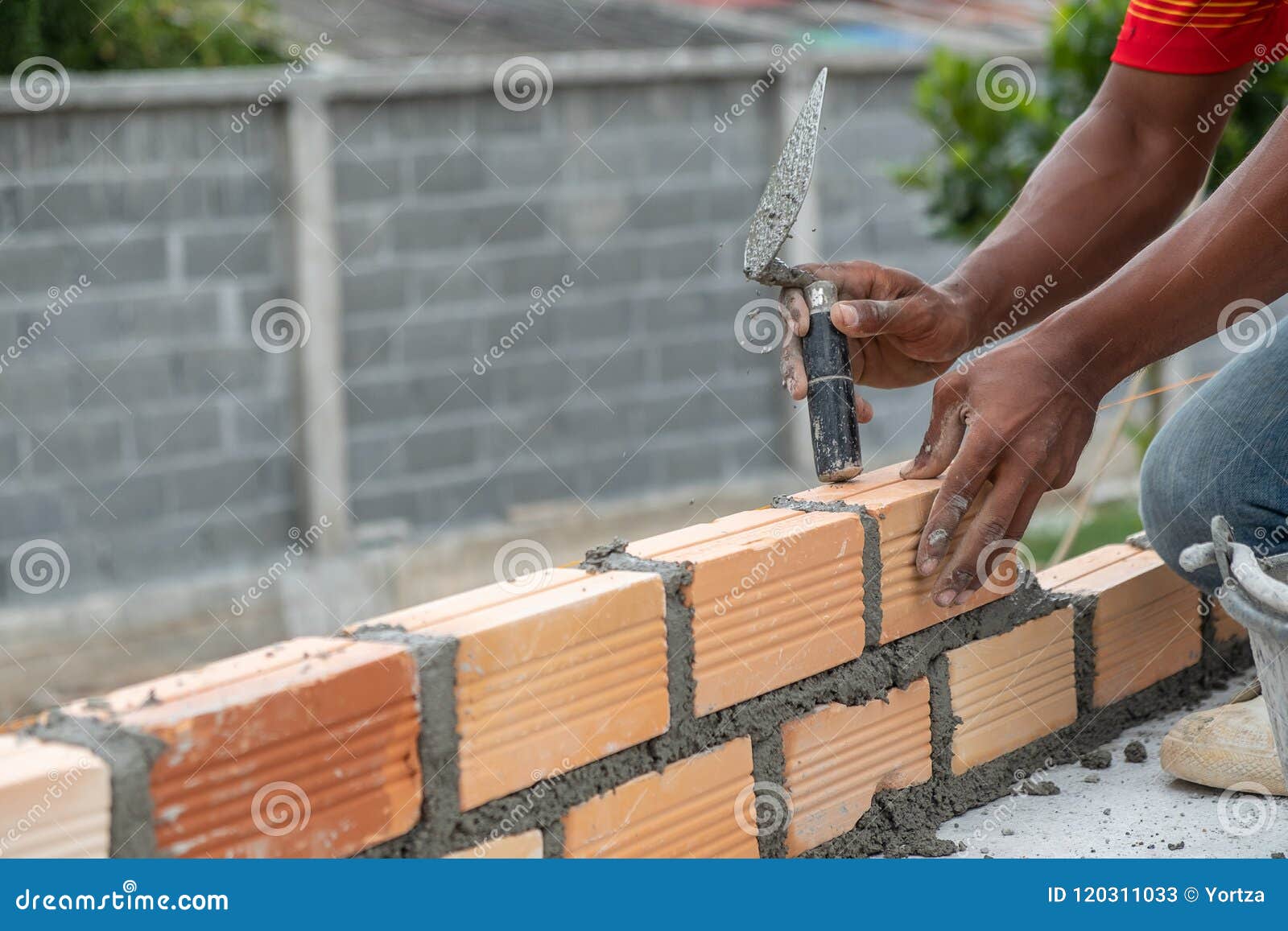 Red brick with concrete stock image. Image of bricklayer - 120311033