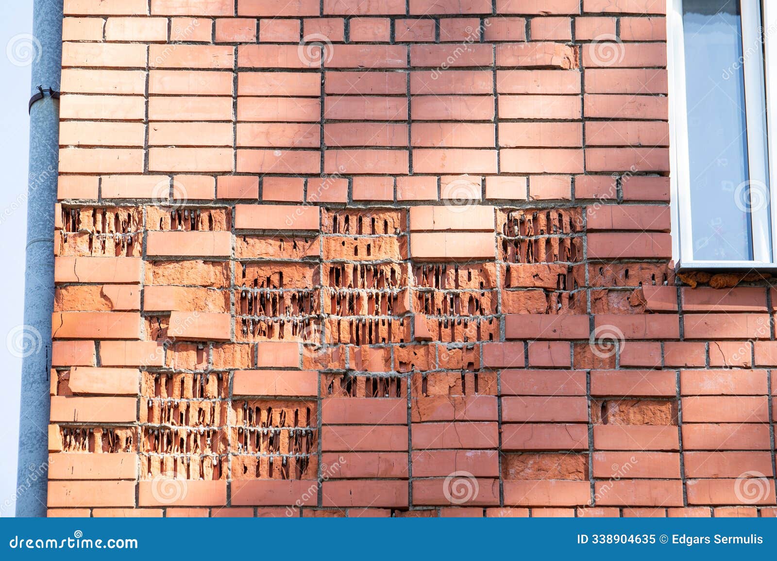 Old Brick Facade Wall With Leaking Roof And Wet Water Stain On The ...
