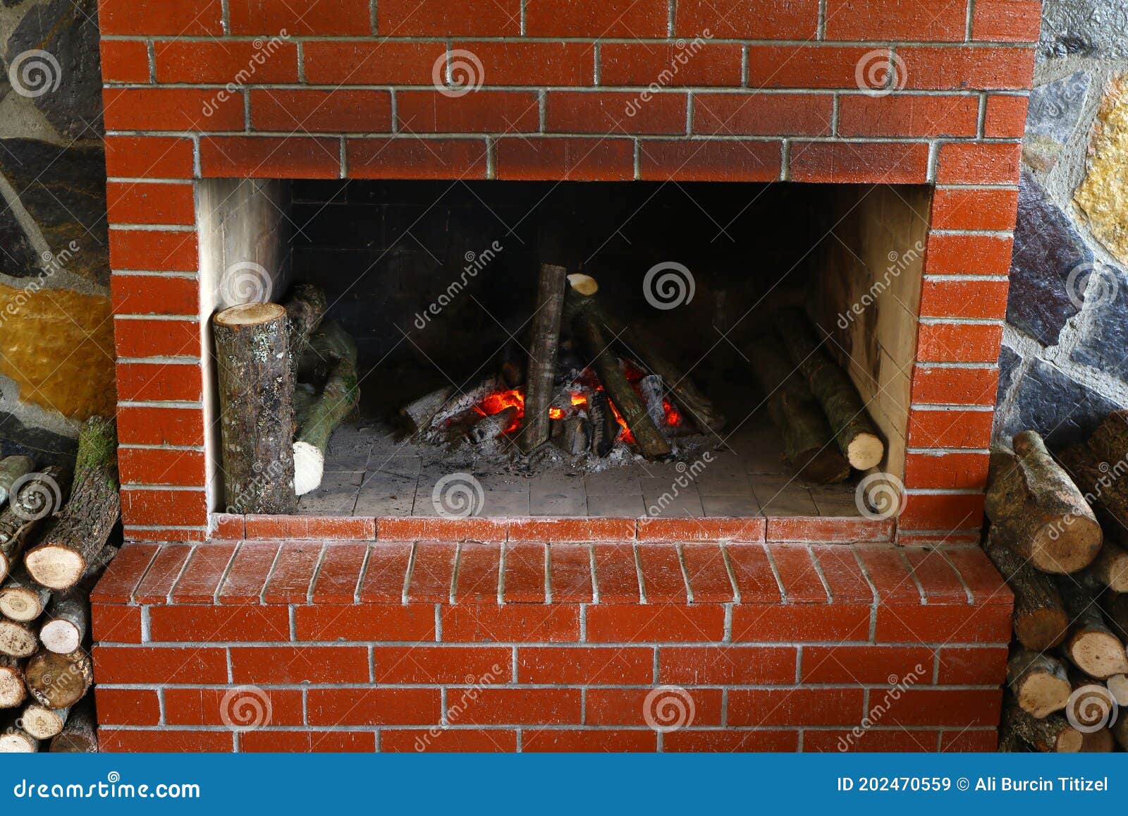 Red brick fireplace stock image. Image of spark, fashioned - 202470559