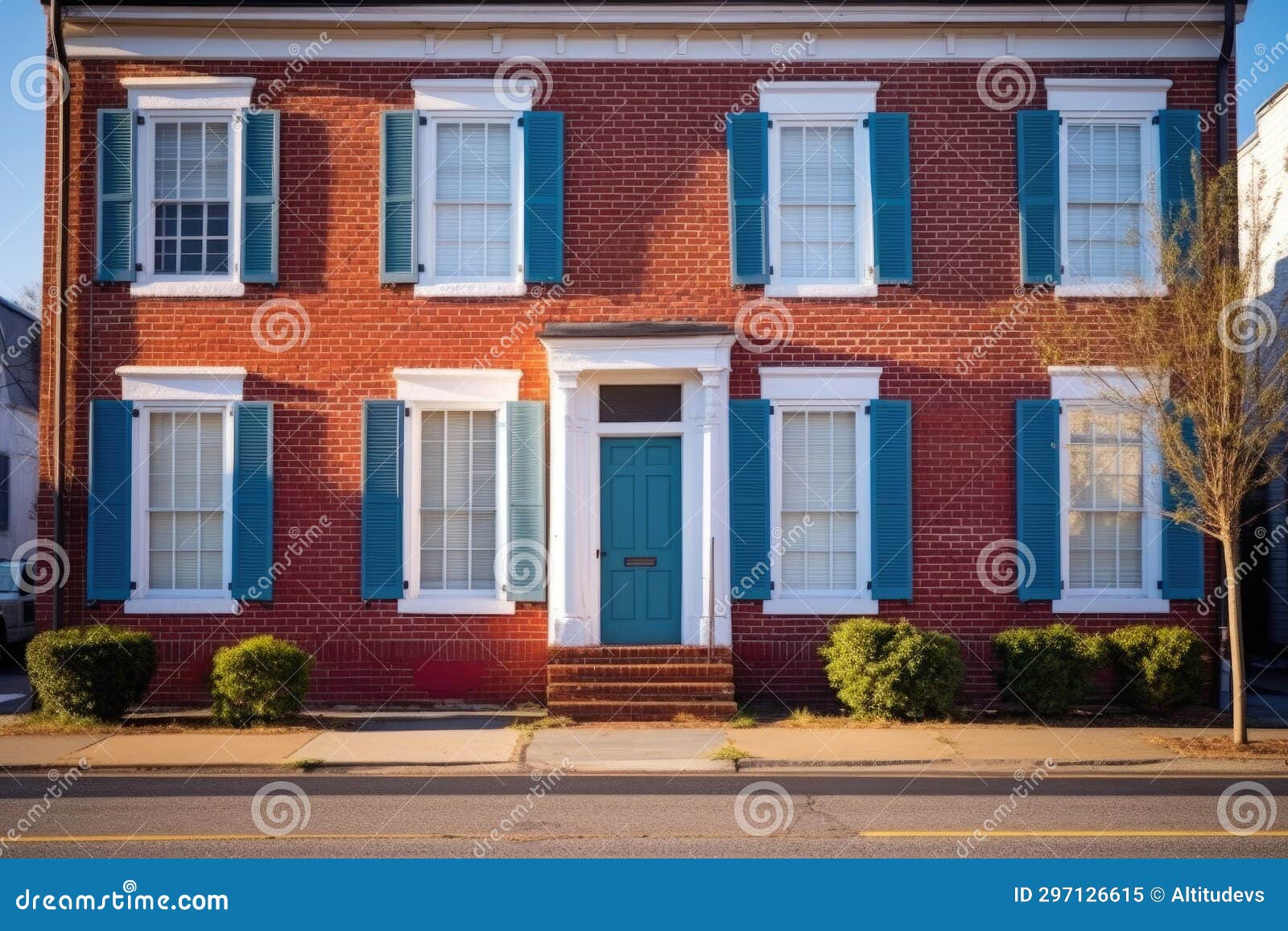 Red Brick Home with Blue Shutters in Broad Daylight Stock Image - Image ...