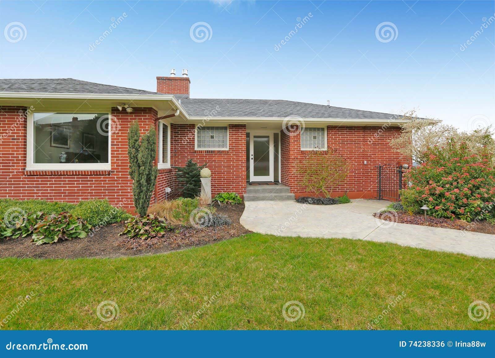 Red Brick House with Tile Roof. Front View Stock Photo - Image of ...