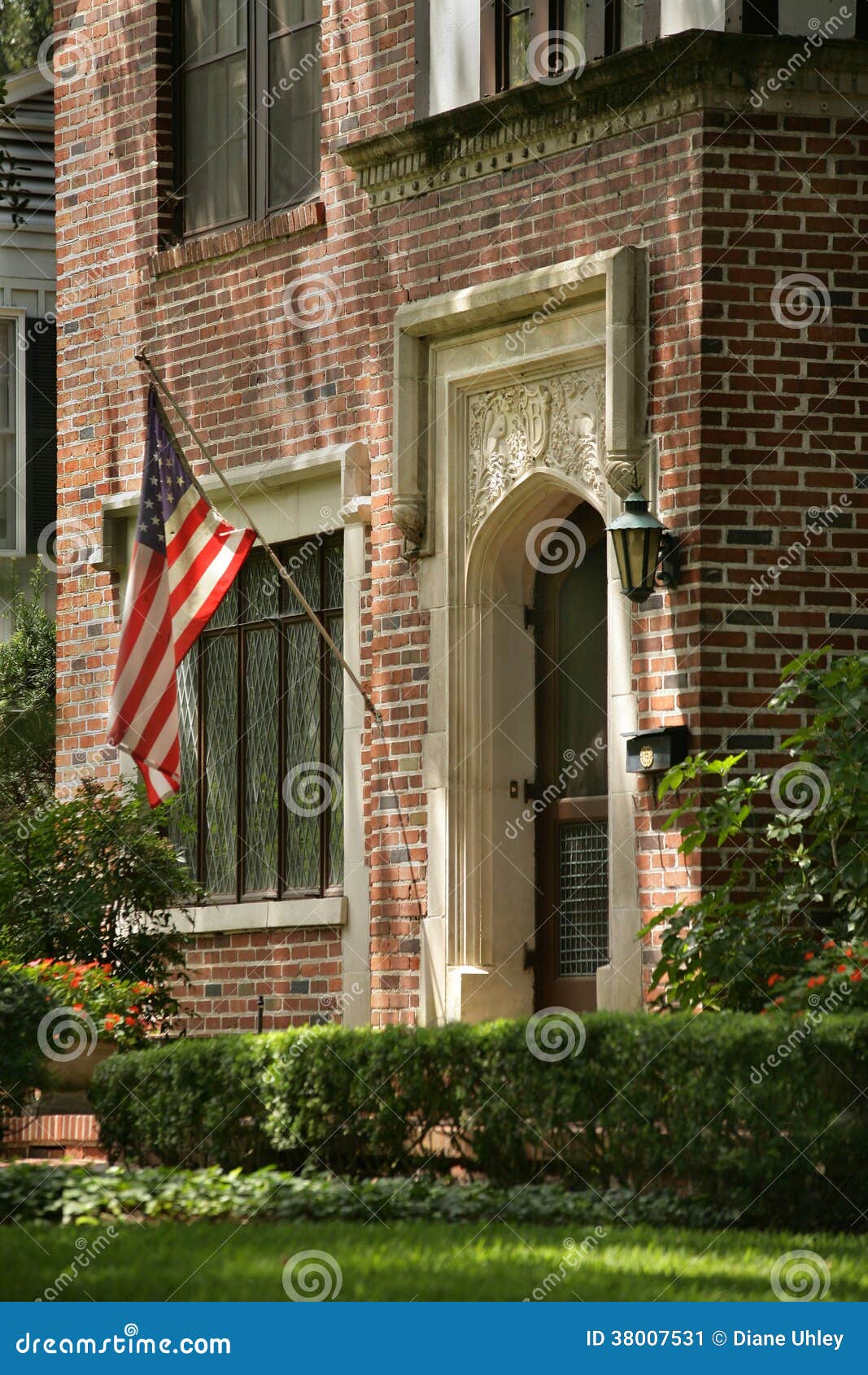 Red Brick House with USA Flag Stock Image - Image of recreation ...