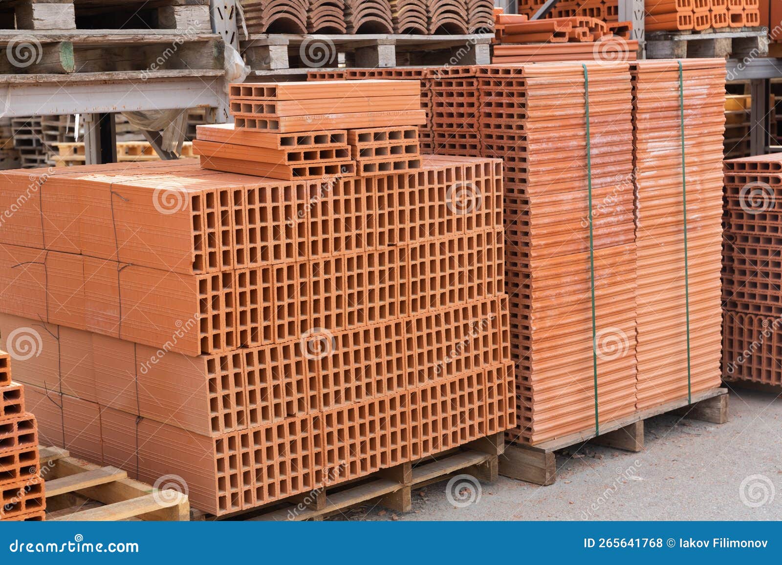 Pallets with Stack of Redbricks Lying at Warehouse Stock Photo - Image ...