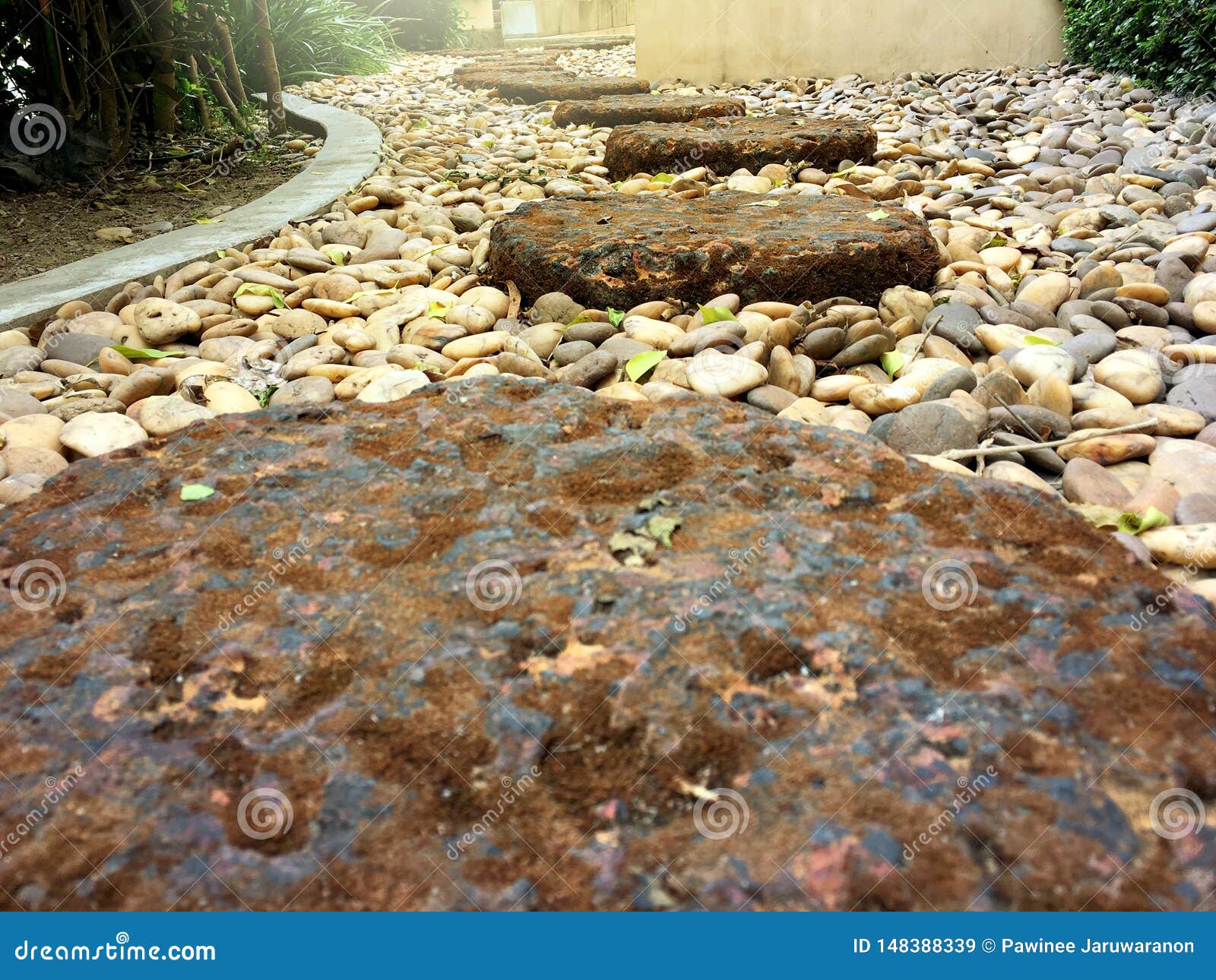Red Brick Stone Footpath Step Low Angle View on Small Rock in the ...