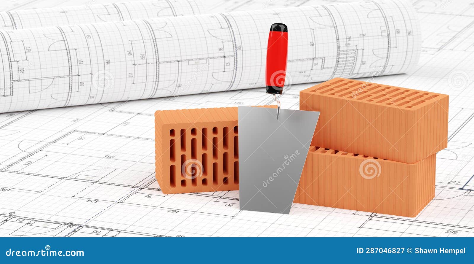 Red Brick Stones with Trowel Standing in Front on Architectural ...