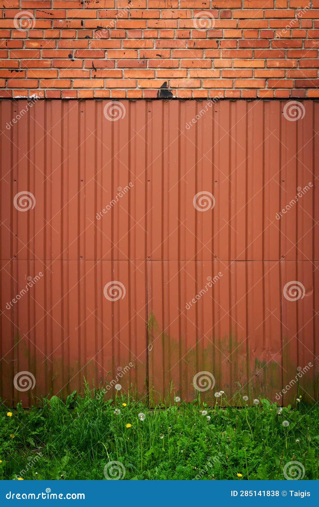 Red Brick and Tin Wall Background with Green Grass Stock Photo - Image ...
