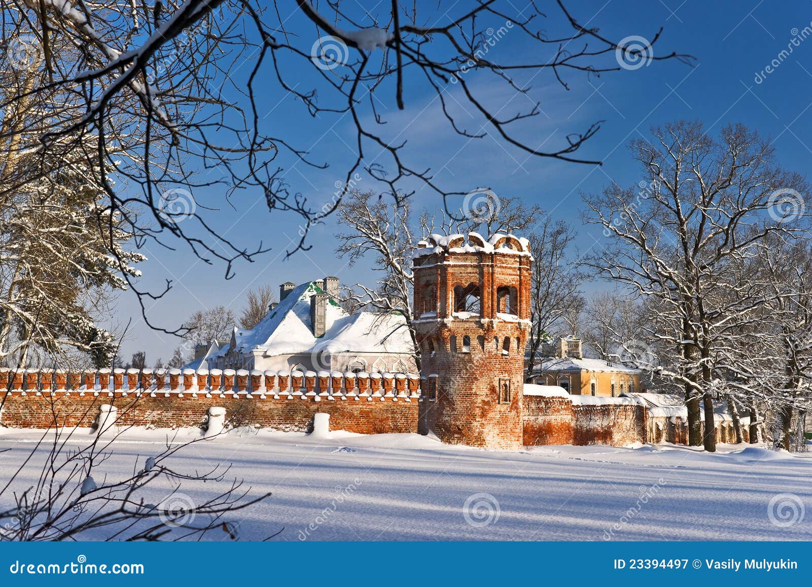 Red Brick Tower and the Wall in Winter Stock Image - Image of fortress ...