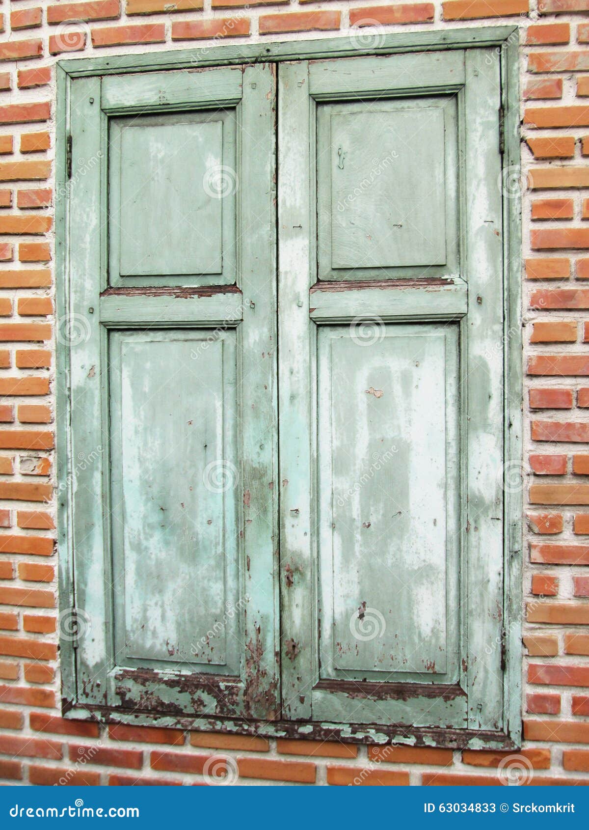 Red Brick Wall with Blue Shuttered Window Stock Image - Image of crete ...