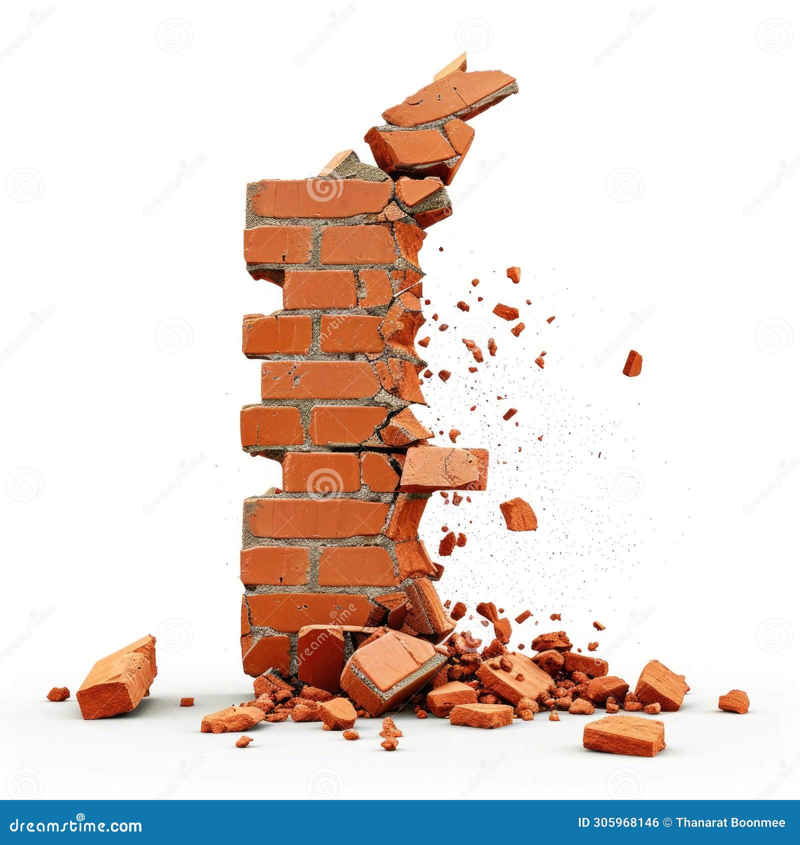 Red Brick Wall Breaking Apart, Isolated on White - Dynamic Destruction ...