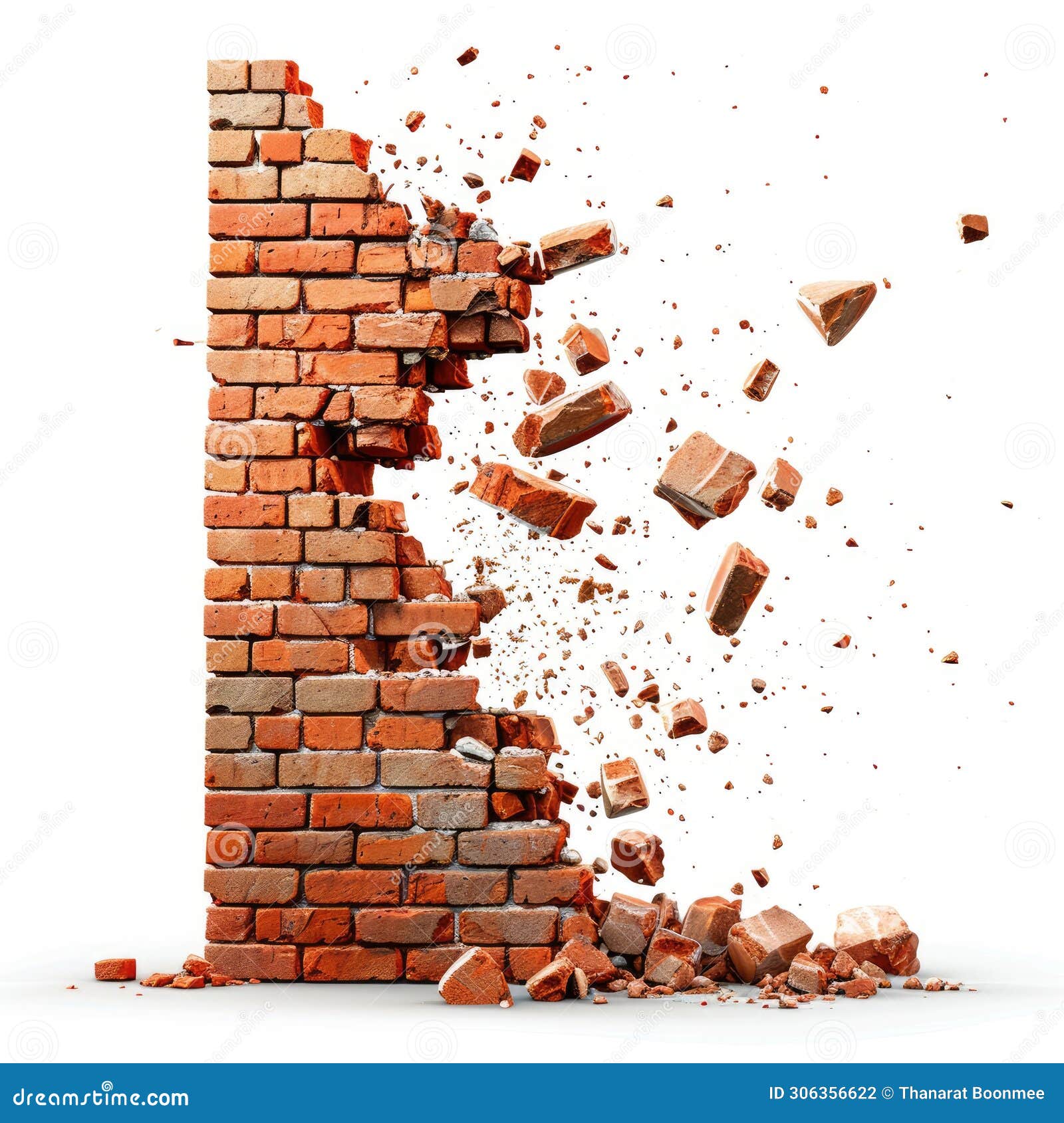 Red Brick Wall Breaking Apart, Isolated on White - Dynamic Destruction ...