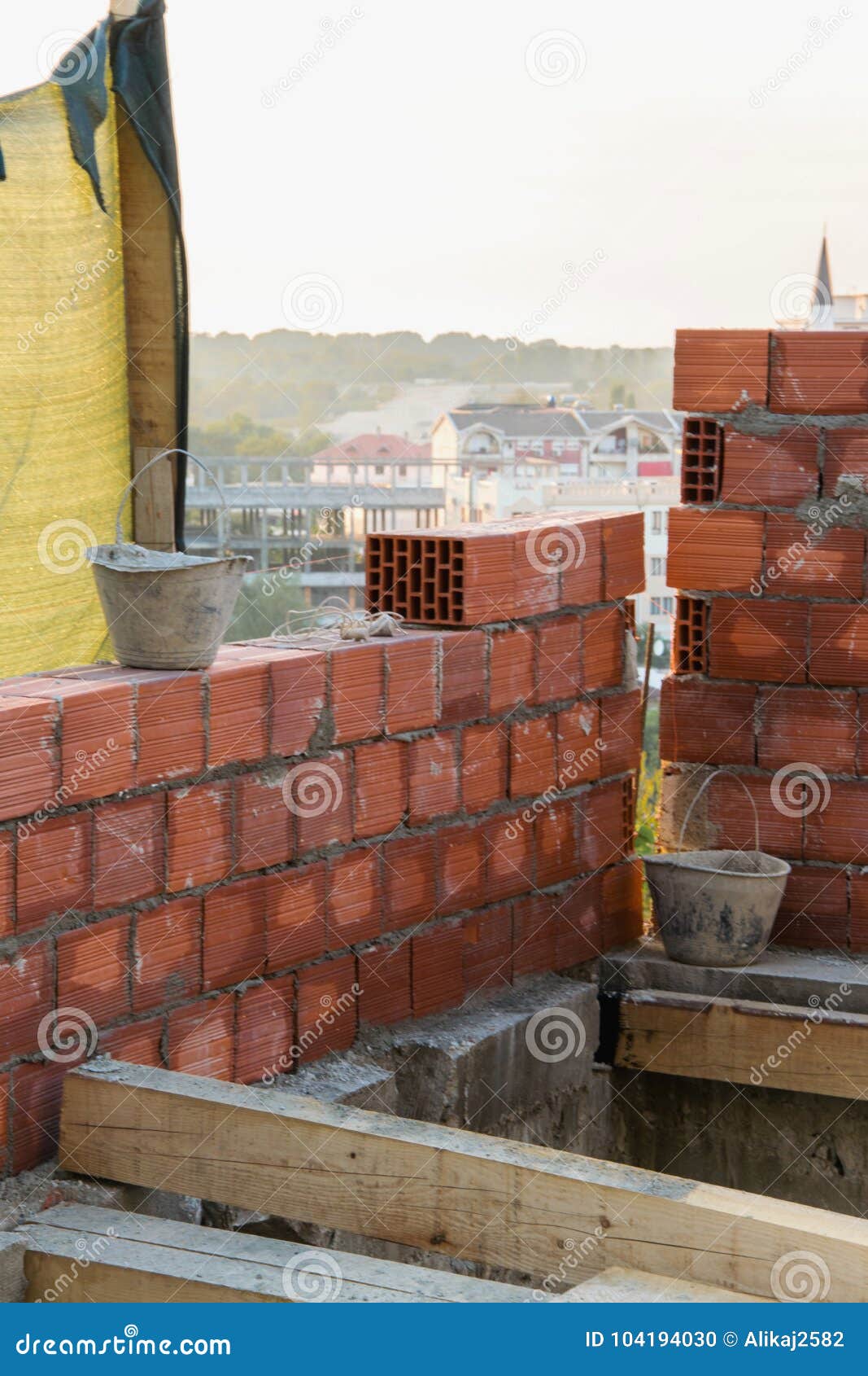 Red Brick Wall in Construction Stock Photo - Image of build, bricklayer ...