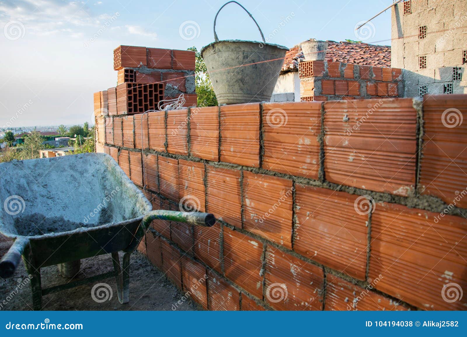 Red Brick Wall in Construction Stock Photo - Image of copy, repair ...