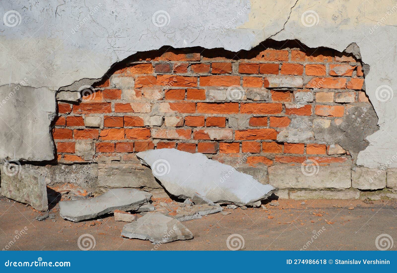 Red Brick Wall with Crumbling Plaster Stock Photo - Image of material ...
