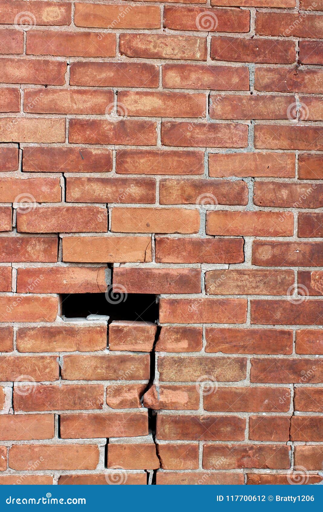 Vertical Image of Red Brick Wall with Cracks and Missing Pieces Stock ...