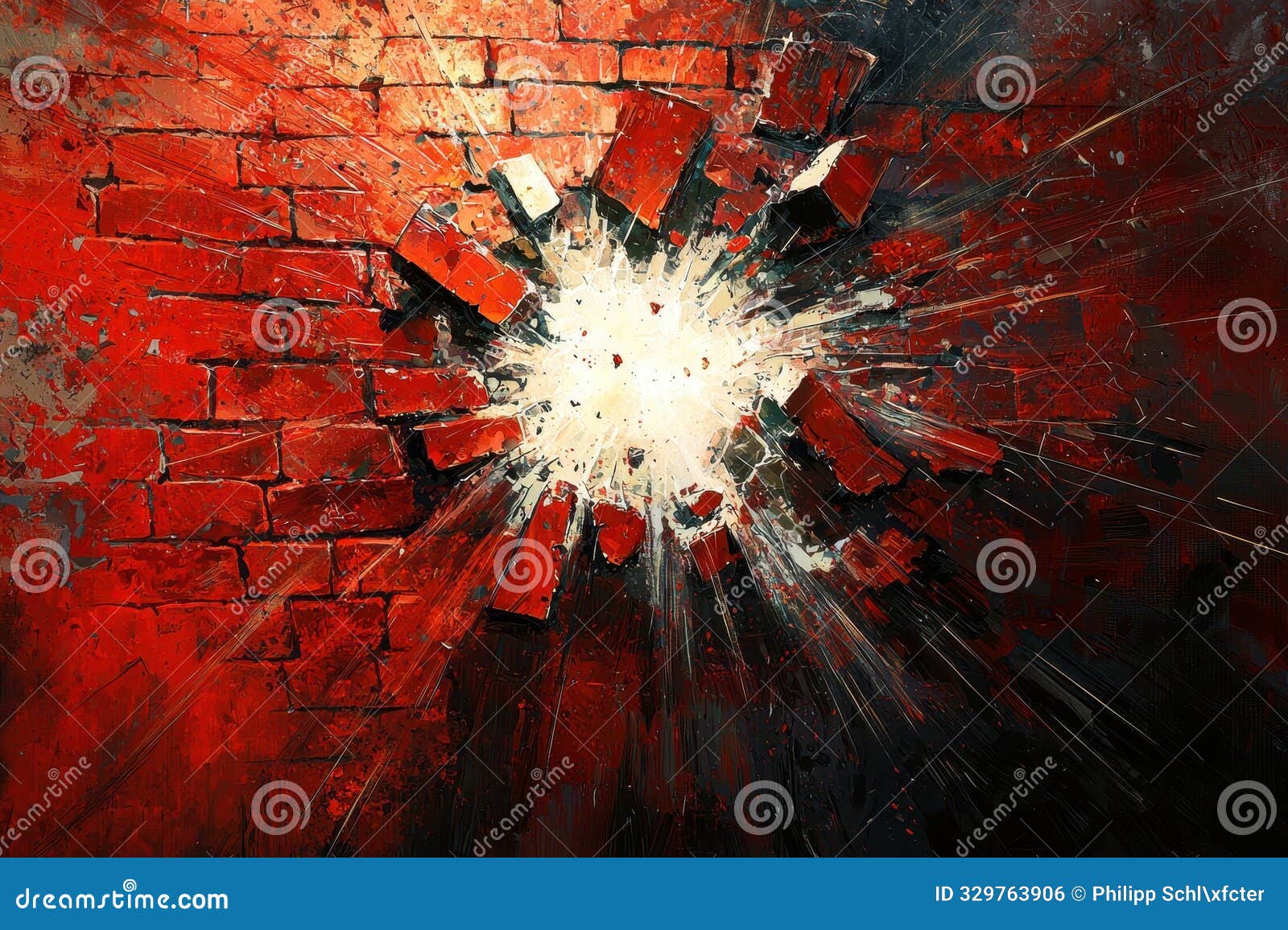 Red Brick Wall Shattering with an Intense Burst of Light. Stock ...