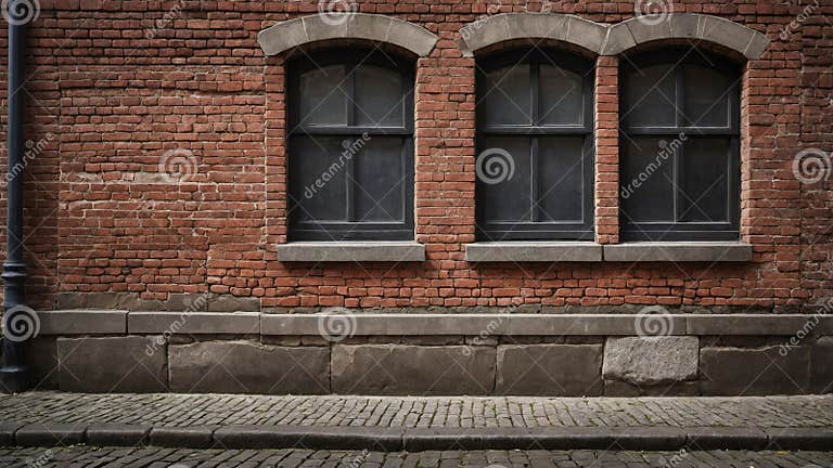 Red Brick Wall with Three Arched Windows and Cobblestone Pavement in an ...