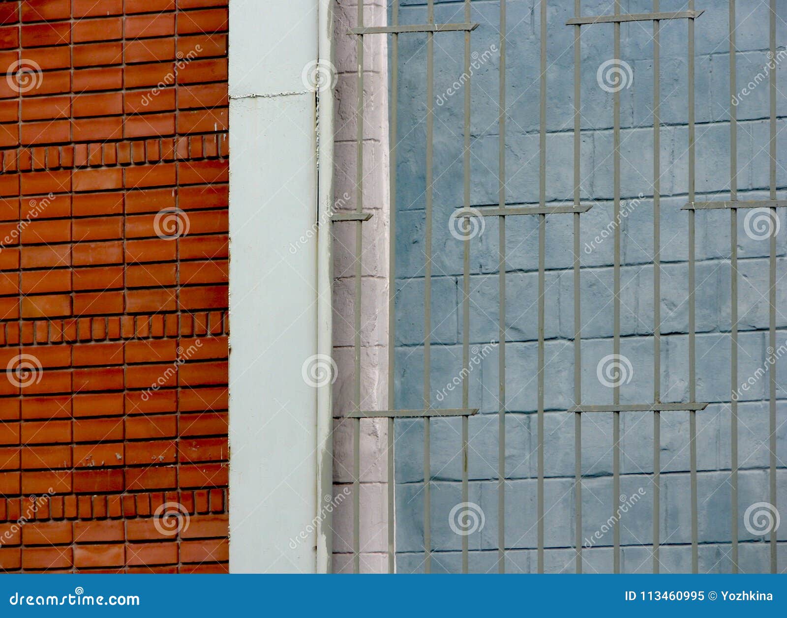 Red Bricks And Light Blue Tile Wall With Grid Urban Surface Royalty ...