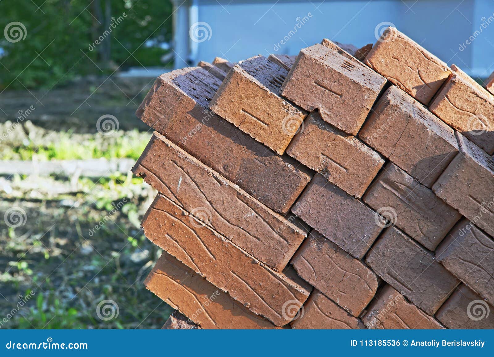 Red bricks pile stack. stock photo. Image of industrial - 113185536