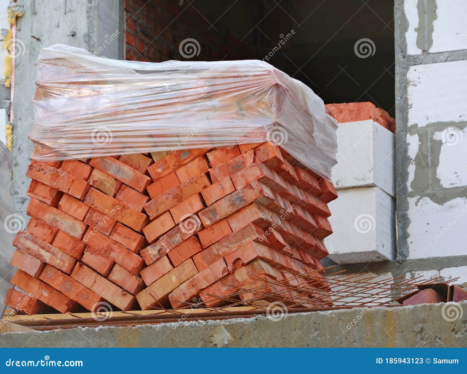 Red Bricks Stacked on Wooden Pallet Stock Image - Image of heavy, cube ...