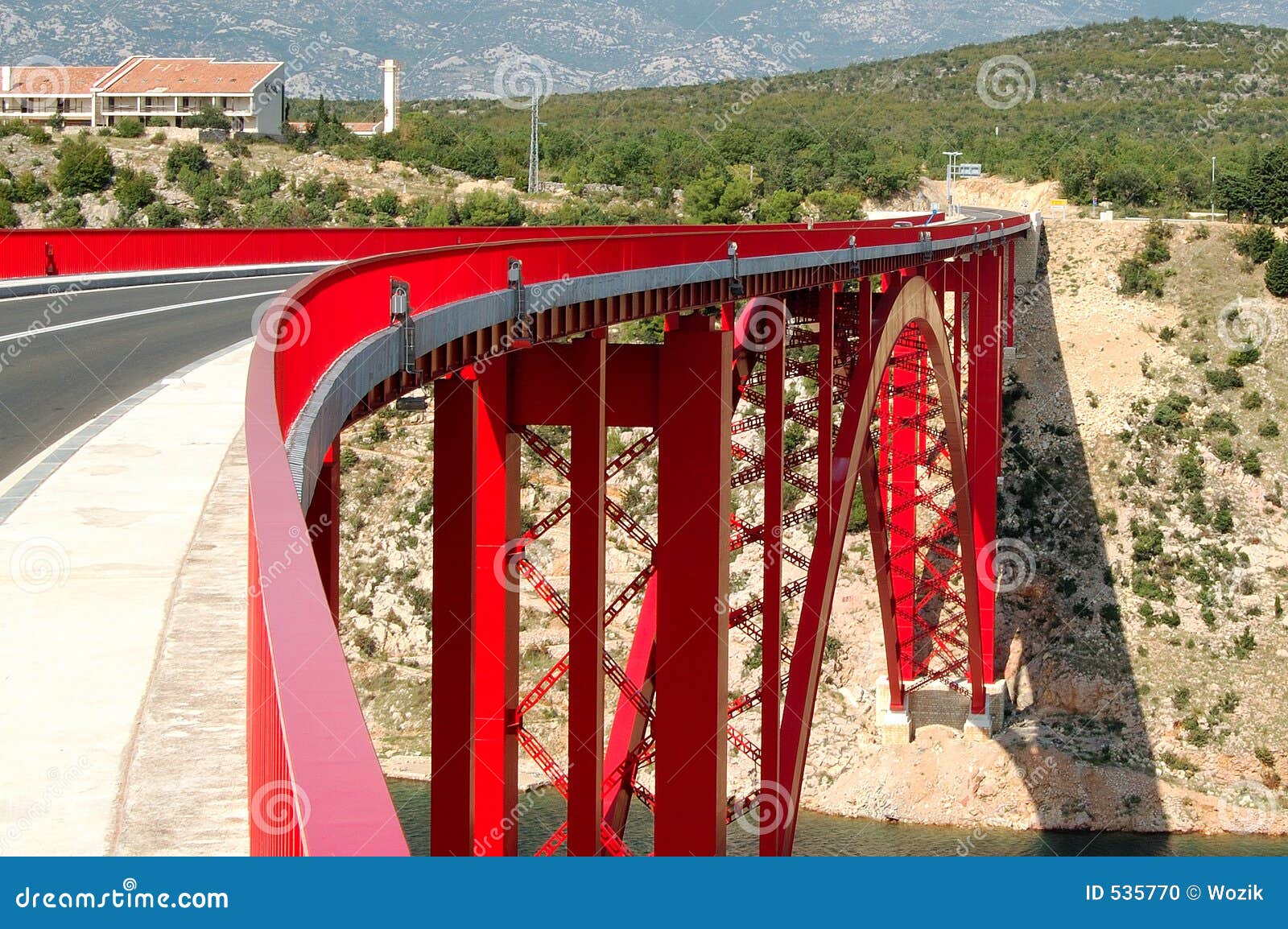 Red bridge stock photo. Image of steel, trees, river, road - 535770