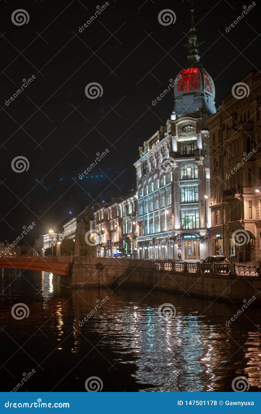 Red Bridge, Building, Spire, River, Night City, Reflection in the Water ...