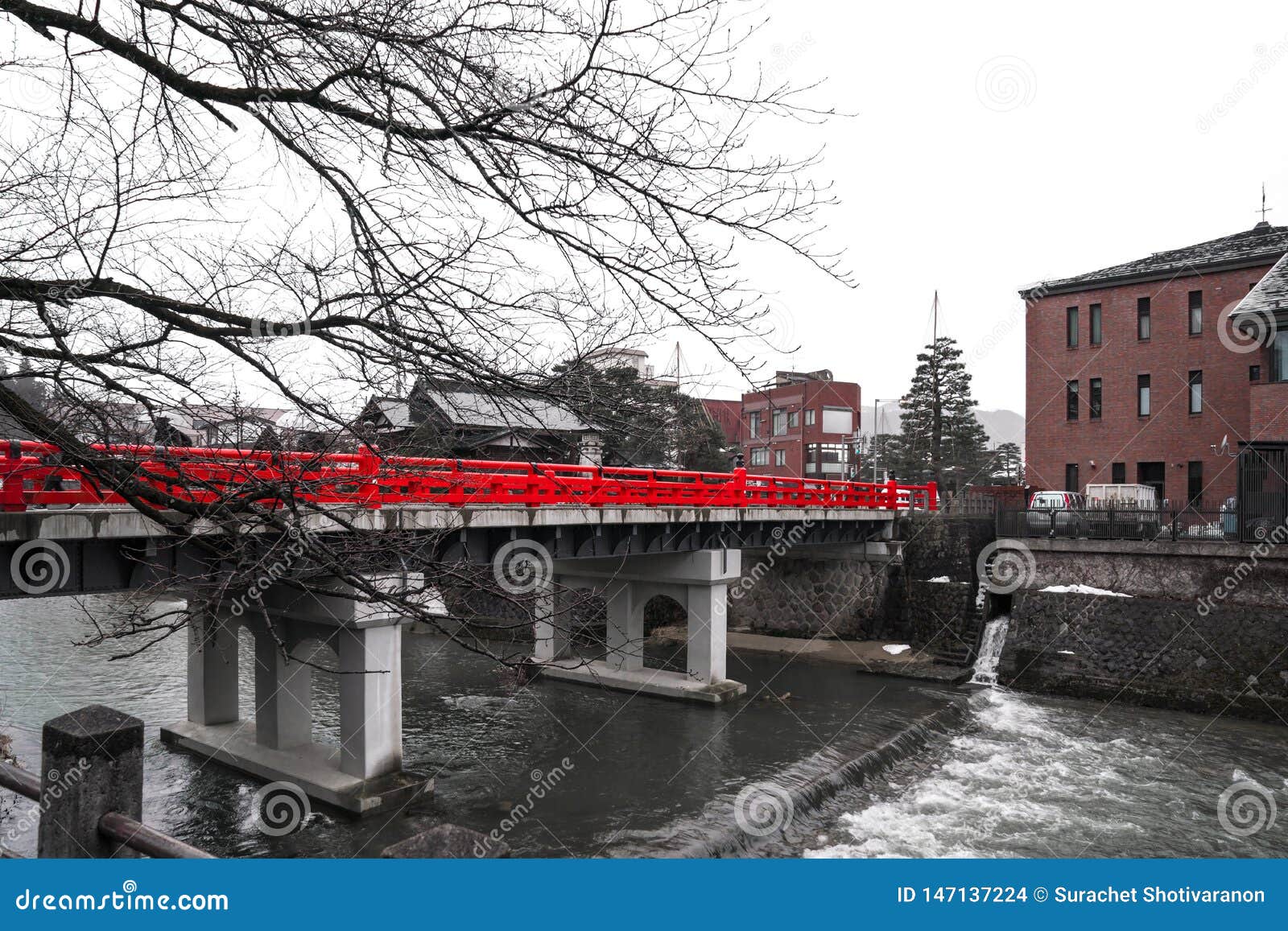 Red Bridge in Little Kyoto in a Little Snowing and Raining Fall Stock ...