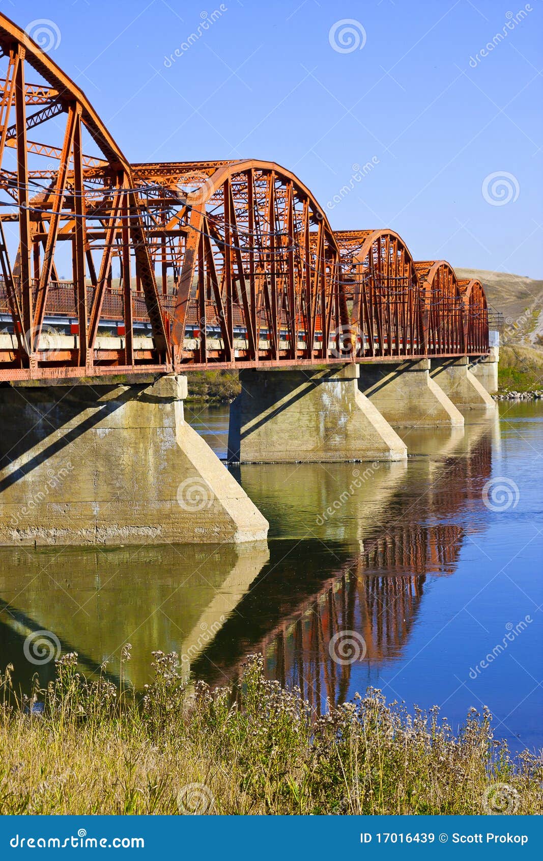 Red Bridge Over the Calm River Stock Image - Image of concrete ...