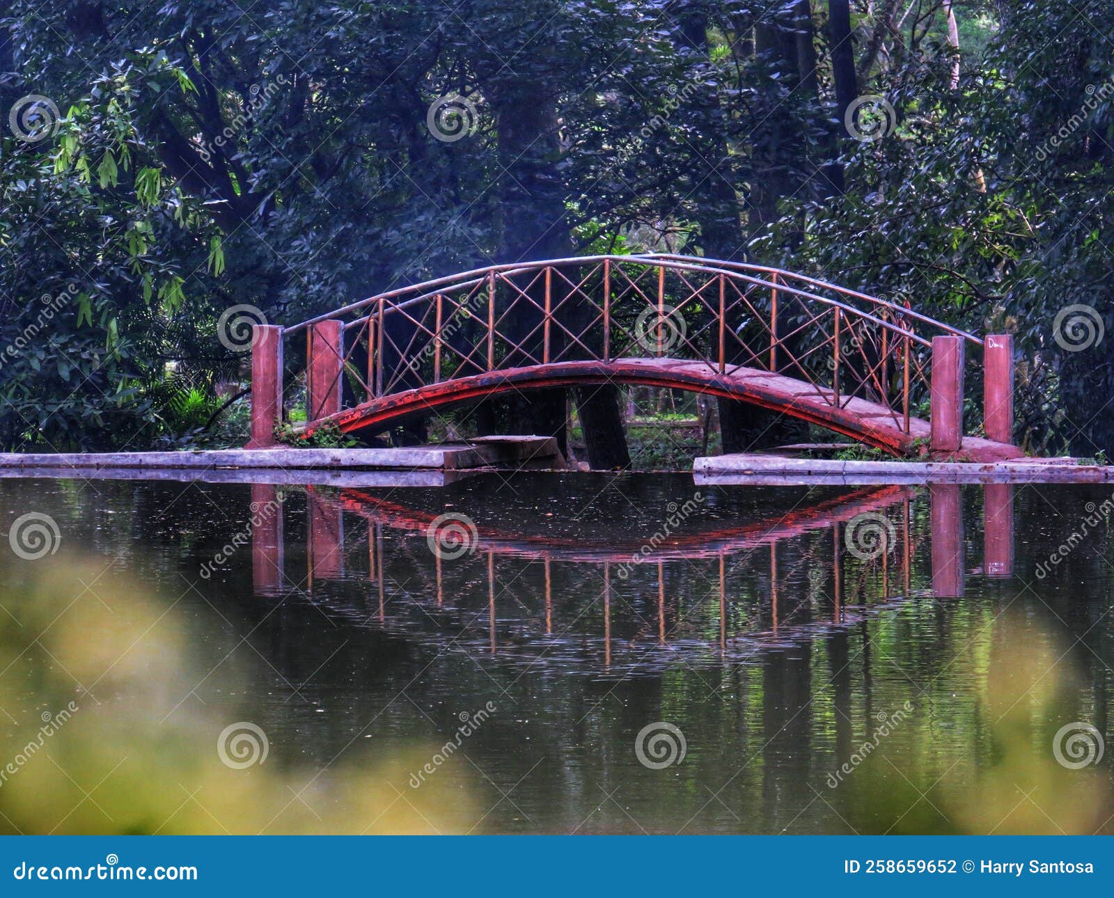 The Red Bridge Over the Small Lake Stock Photo - Image of nature, lake ...