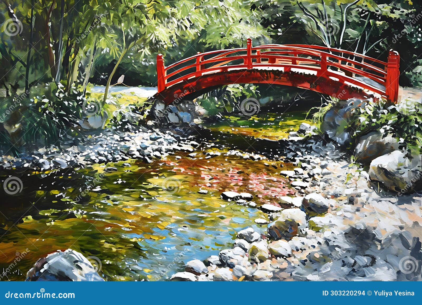 Red Bridge Over Stream in Zen Garden Stock Photo - Image of pastoral ...