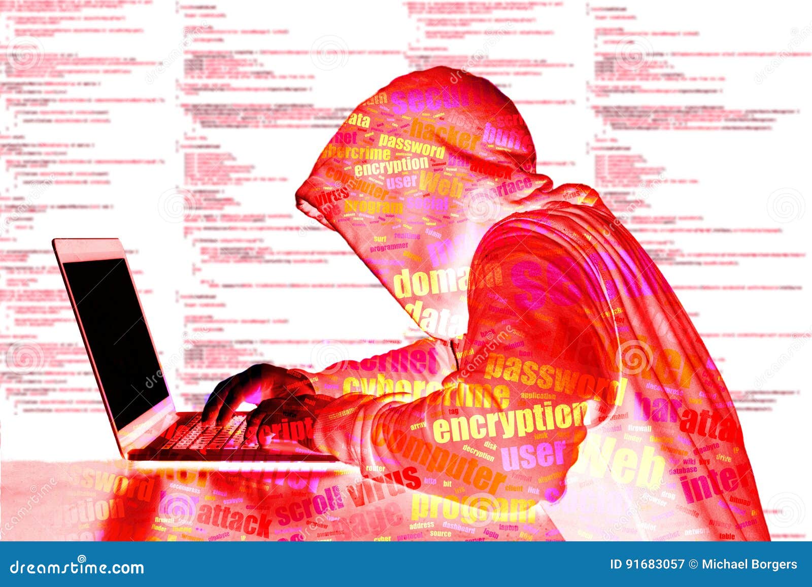 Red Bright Hooded Wordcloud Hacker with Computer Code Stock Image ...