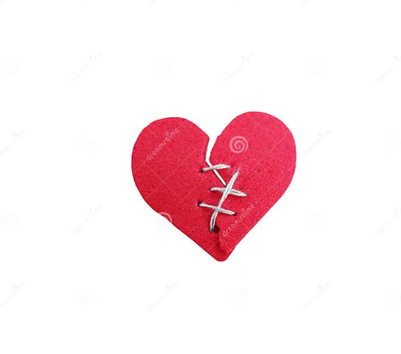 Red Broken Heart Stitched Together with Thread Isolated on White Stock ...