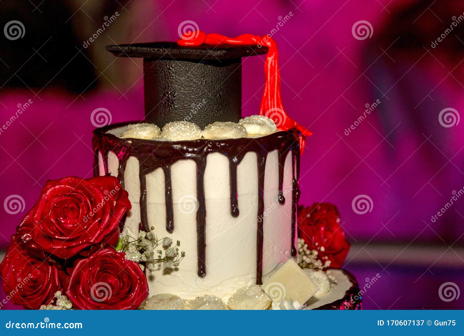 Red and Brown Graduation Cake with Cap on the Top and Red Rose on Side ...