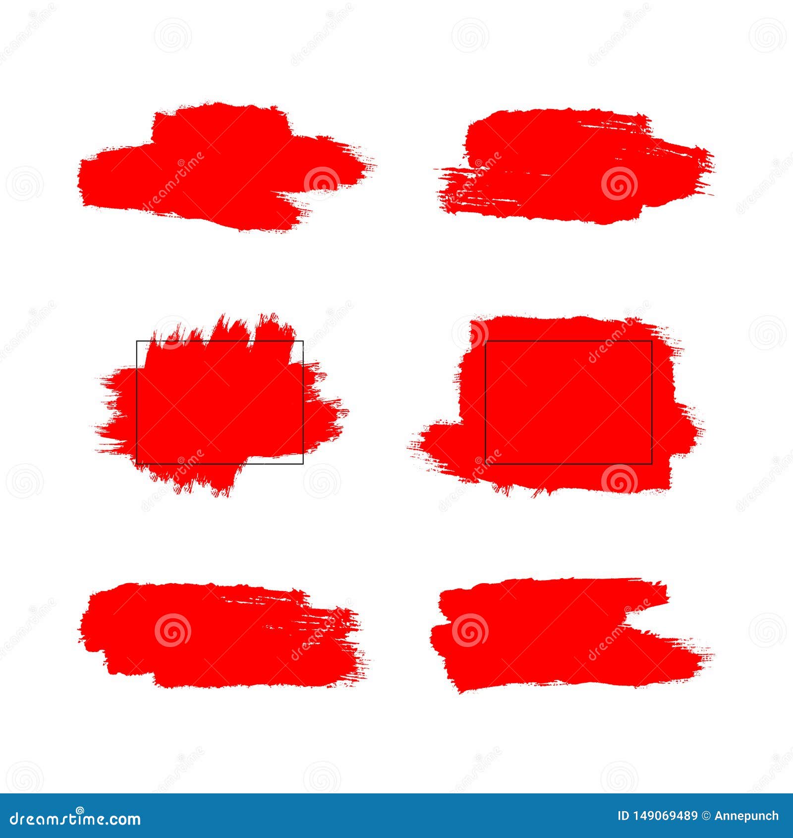 Red Brush Strokes and Paint Stains with Rectangular Frames. Set of ...