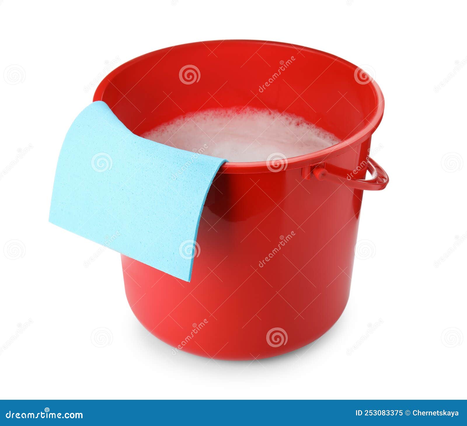 Red Bucket with Detergent and Rag Isolated Stock Image - Image of ...