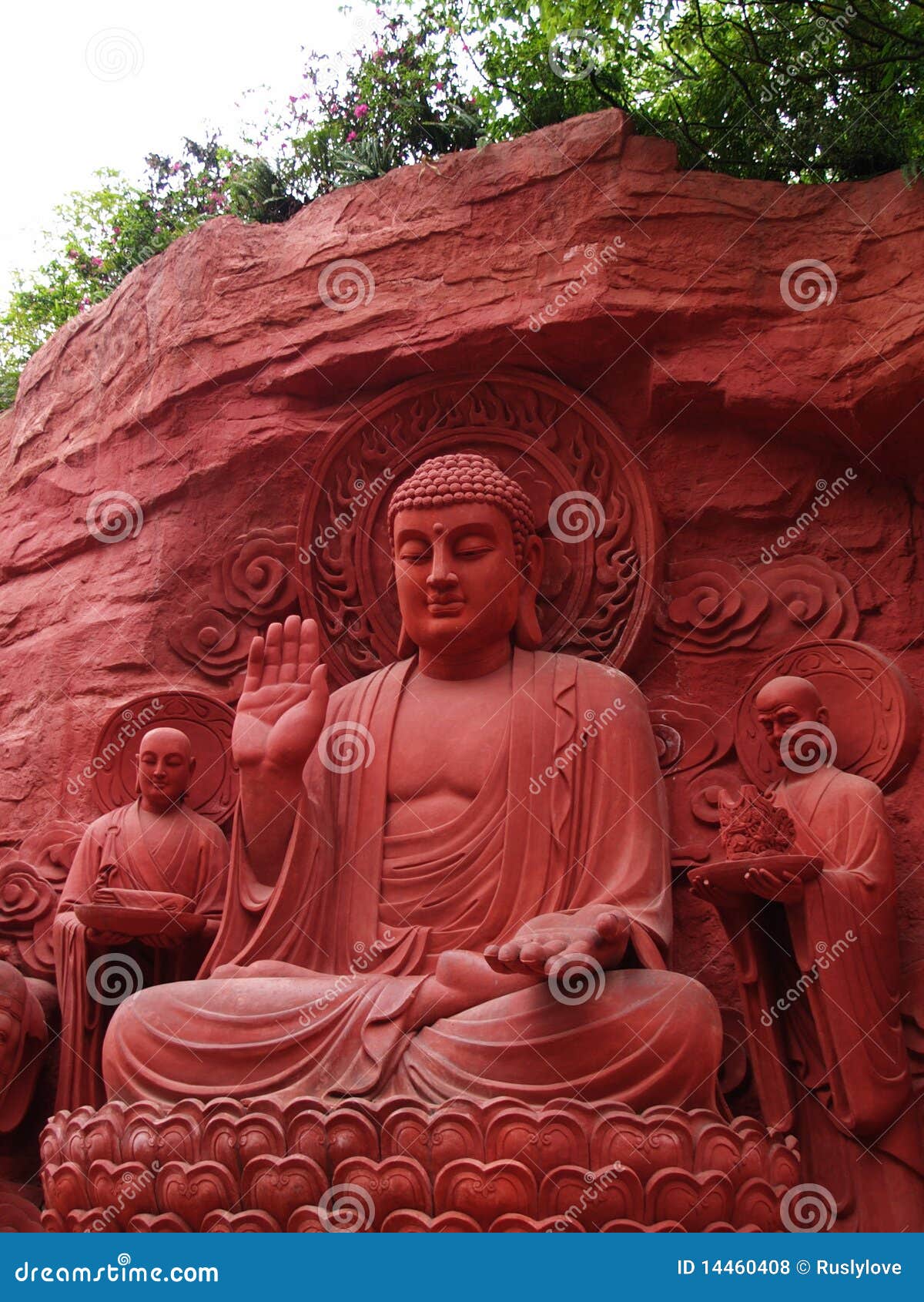 A Red Buddha Sculpture with Servants Stock Photo - Image of adventure ...